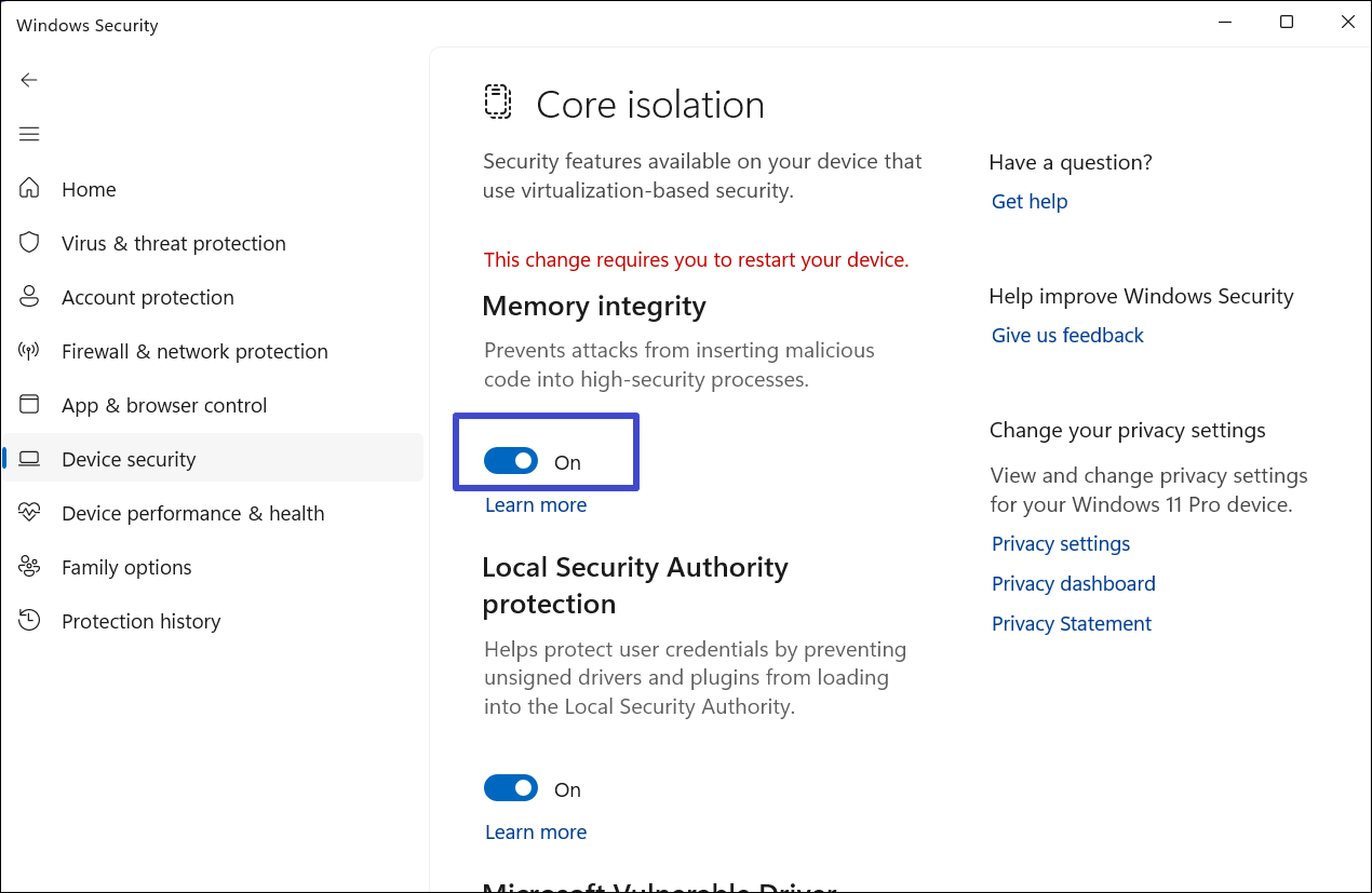 Page d'intégrité de la mémoire non disponible dans Windows 11 - Geek Global