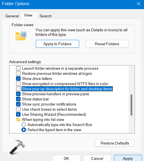 Désactiver la description pop-up du dossier dans Windows 11 - Geek Global